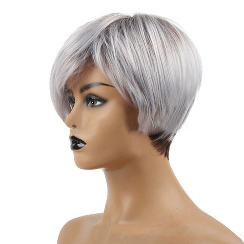 Women Pixie Cut BOB Hair Full Wig Silver Dark Root Short Straight Wigs ...