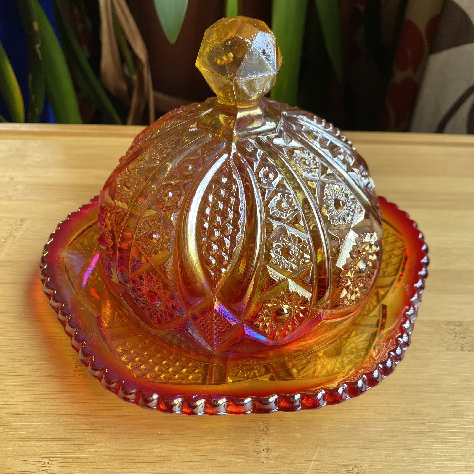 Indiana Glass Heirloom Sunset Red Carnival Cadmium Glow Butter Dish ...