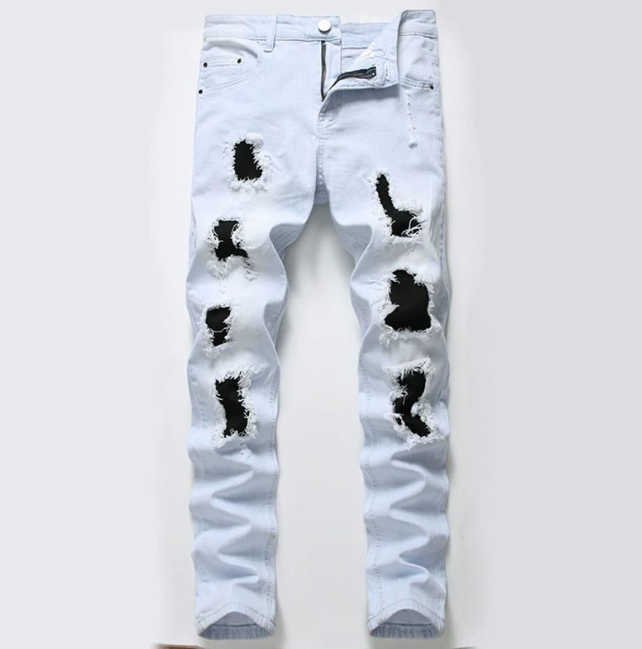 Men's Light Blue Denim Jeans Stretch Ripped Straight Leg Punk Pants Hip ...