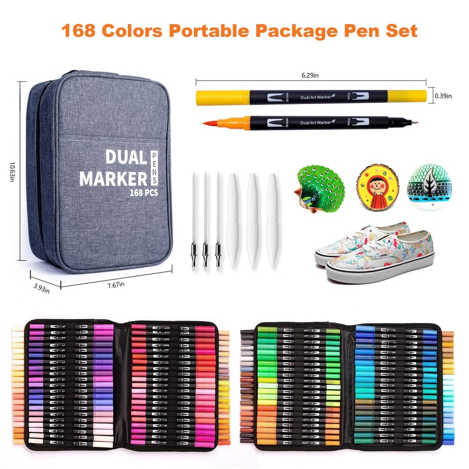 Dual Markers Brush Pens, 168 Colors Art Marker Set with Brush and Fine ...