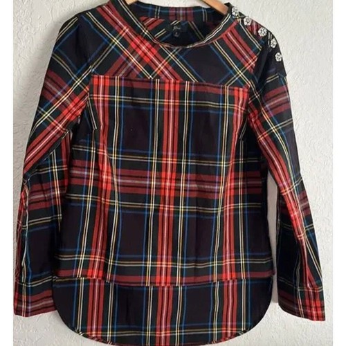 J. Crew Funnel Neck Jeweled Button Tartan Red and Black Plaid Top Size ...