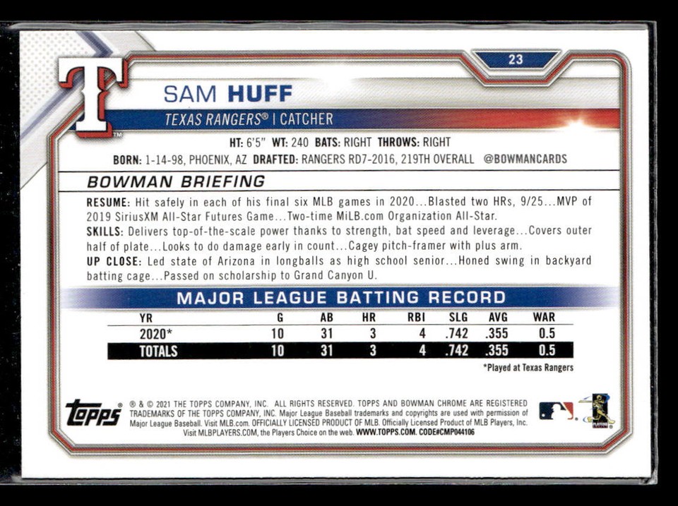 2021 Bowman #23 Sam Huff Rookie Card Texas Rangers | eBay