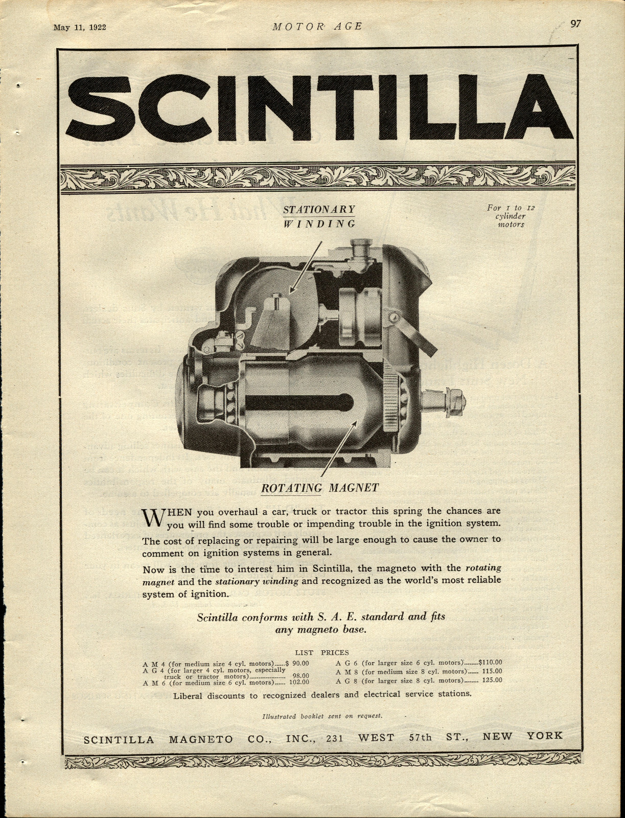 1922 Scintilla Magneto CO. Advertisement: Diagram Pic - West 57th St ...