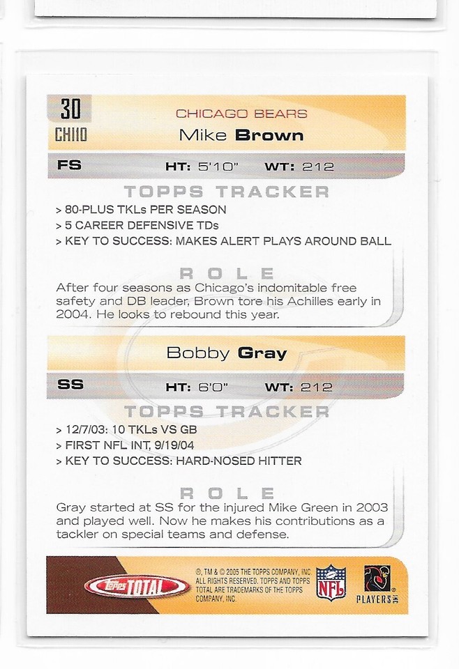 2005 Topps Total Mike Brown & Bobby Gray #30 Chicago Bears NFL Football ...
