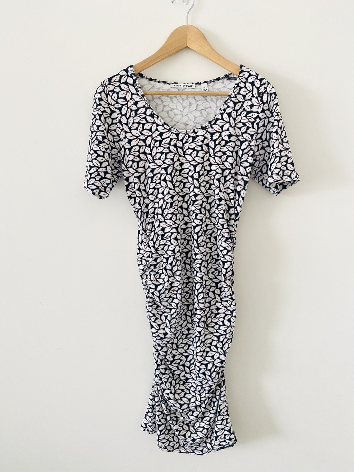 Country Road Linen Blend Midi T Shirt Dress Size XS Leaf Print Ruched ...