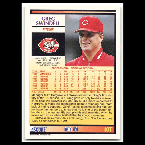 Greg Swindell #10T 1992 Score Rookie - Traded Cincinnati Reds Baseball ...