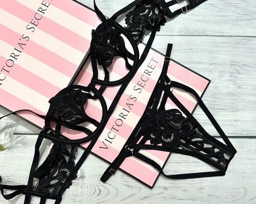 Victoria's Secret Strappy Embroidered Open Cup Balconette Bra Set Black ...
