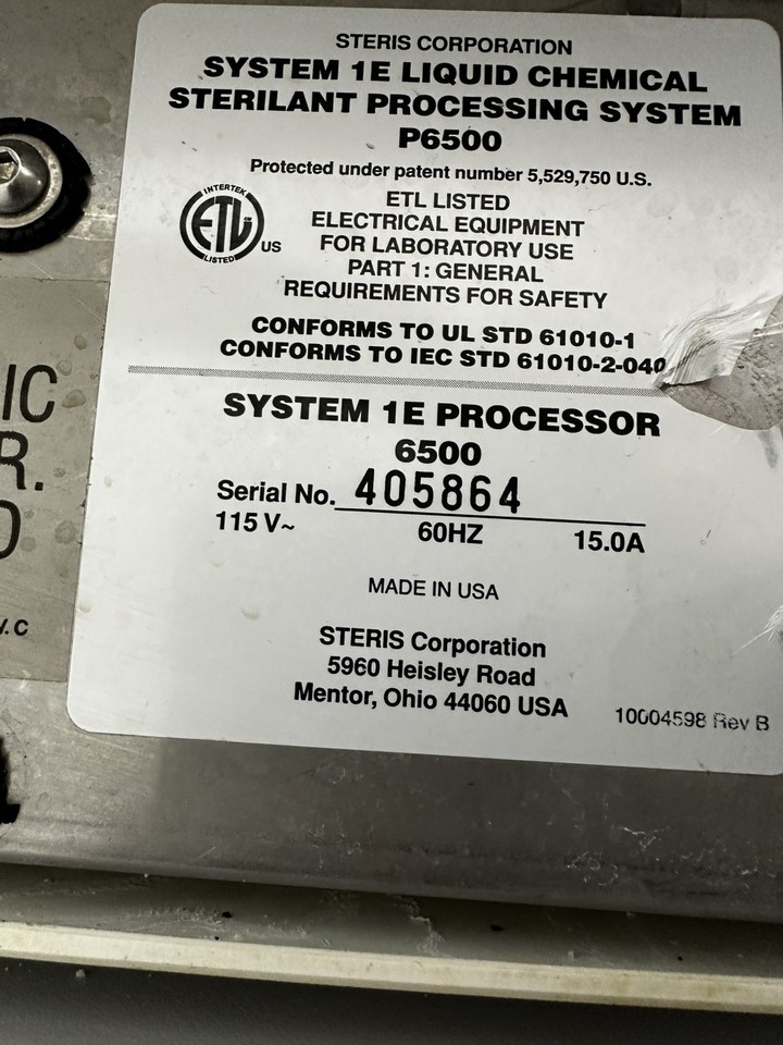 Steris 1E P6500 Liquid Chemical Sterilant Processing System UV Aquafine ...