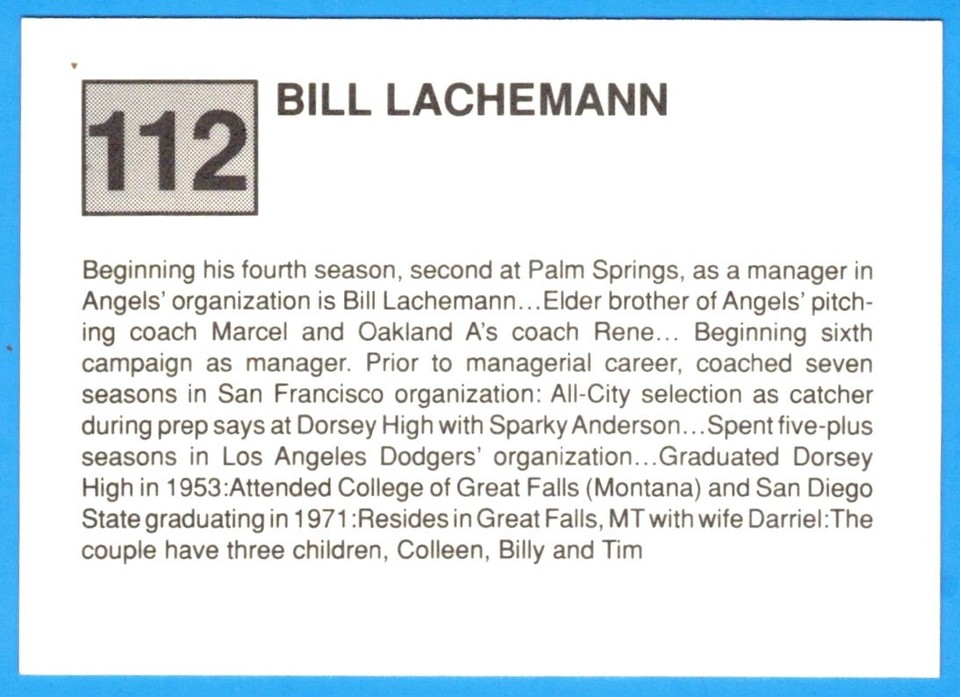 Bill Lachemann 1988 Cal League Palm Springs Angels # 112 (ex-mt) | eBay