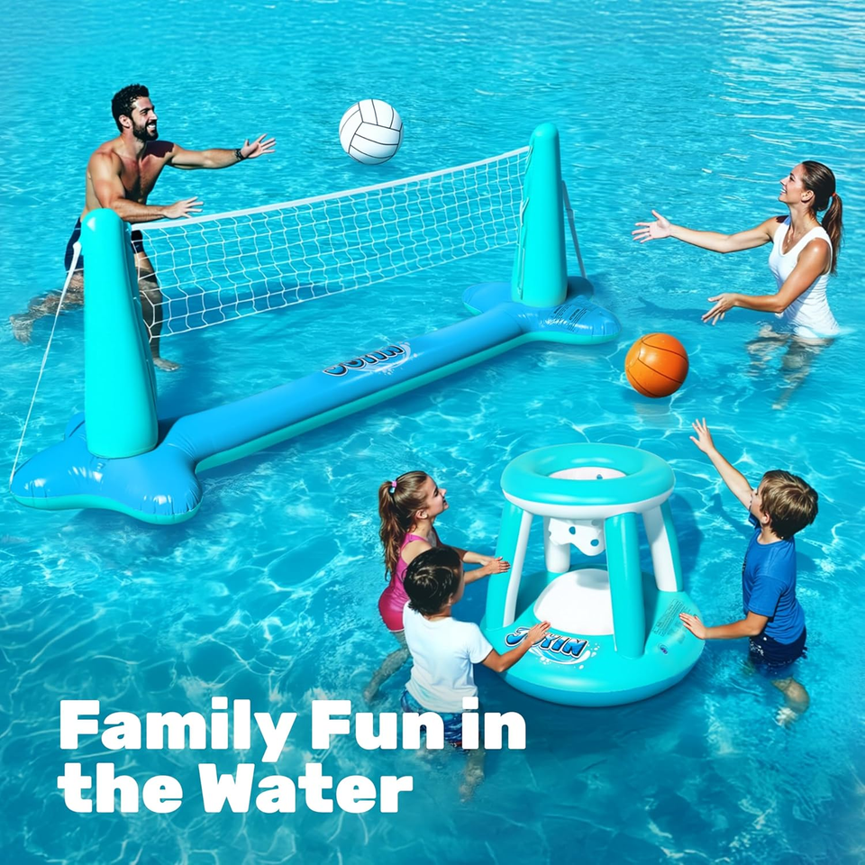 Inflatable Pool Float Set Volleyball Net & Basketball Hoops Balls for ...