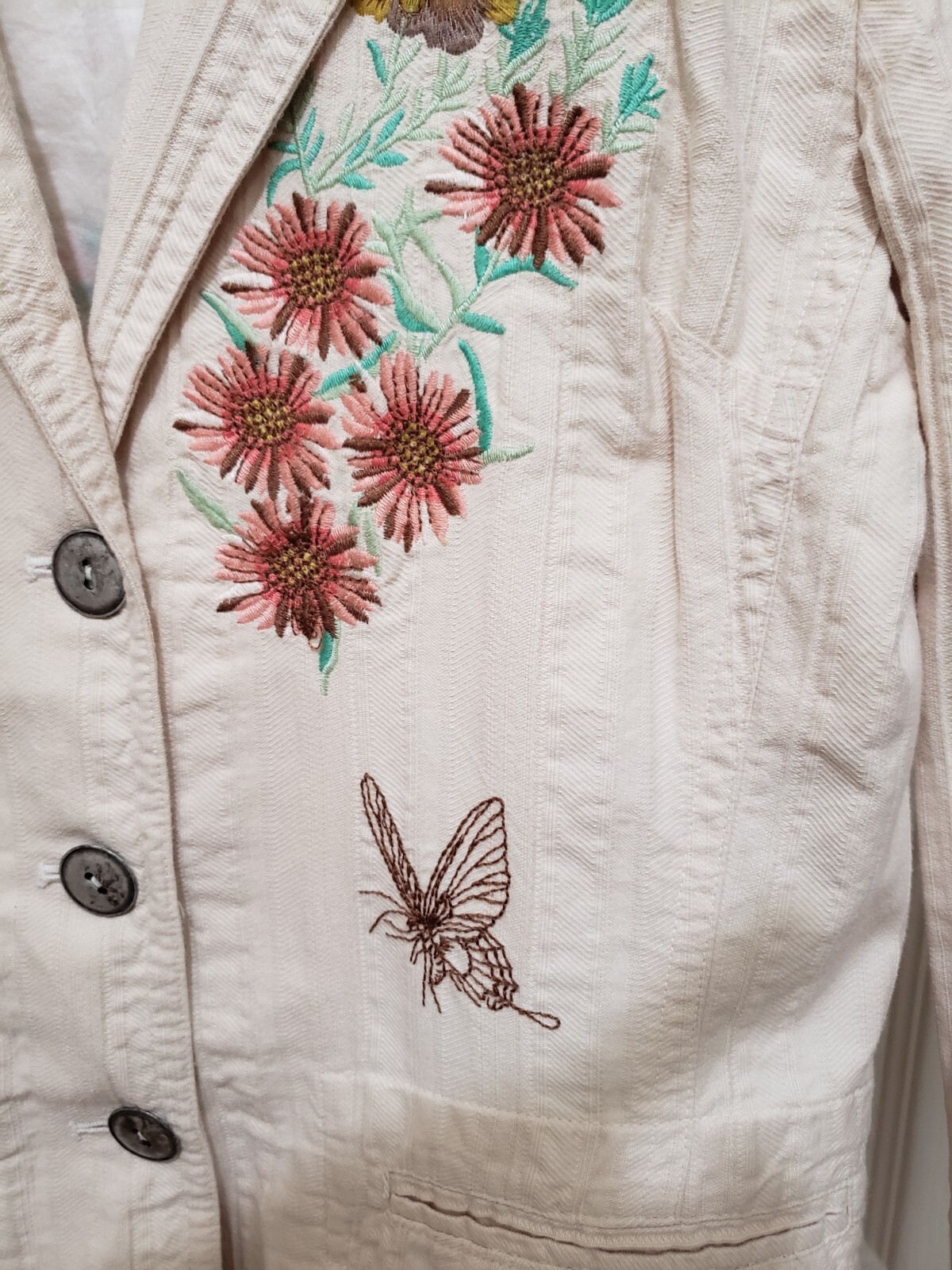 Johnny Was Jacket Blazer Cotton Cream Floral Butterfly Embroidery Boho ...