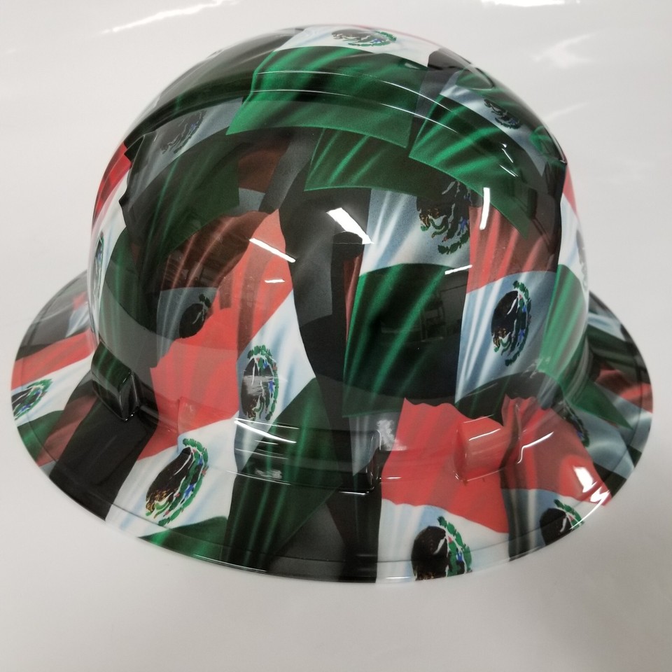full brim hard hat custom hydro dipped IN MEXICAN FLAG ,AWESOME COLORS ...