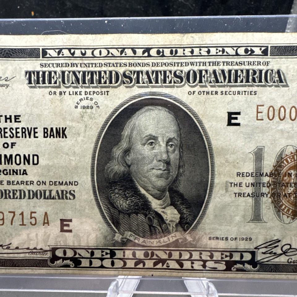$100 1929 Richmond Virginia VA National Currency Note FRB. High AU ...