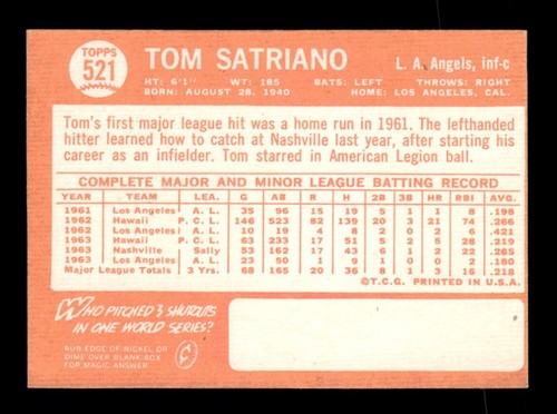 1964 Topps #521 Tom Satriano NM Baseball Card | eBay