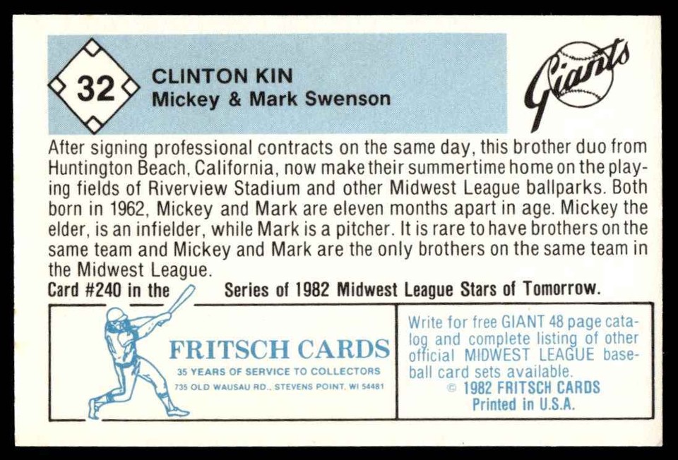 1982 Fritsch Clinton Giants Mickey Swenson/Mark Swenson Clinton Giants ...