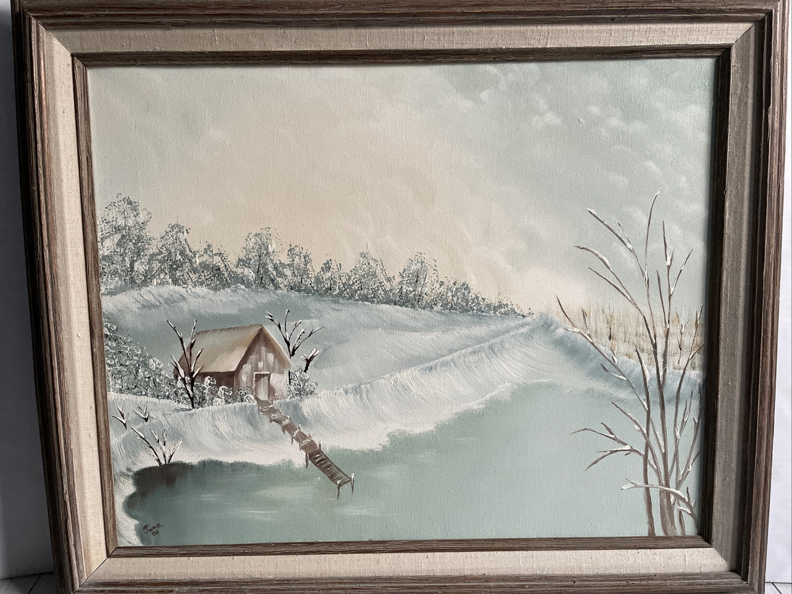 Vtg Oil Painting Winter by Lake Canvas 20”X24” w Aaron Bros Frame ...
