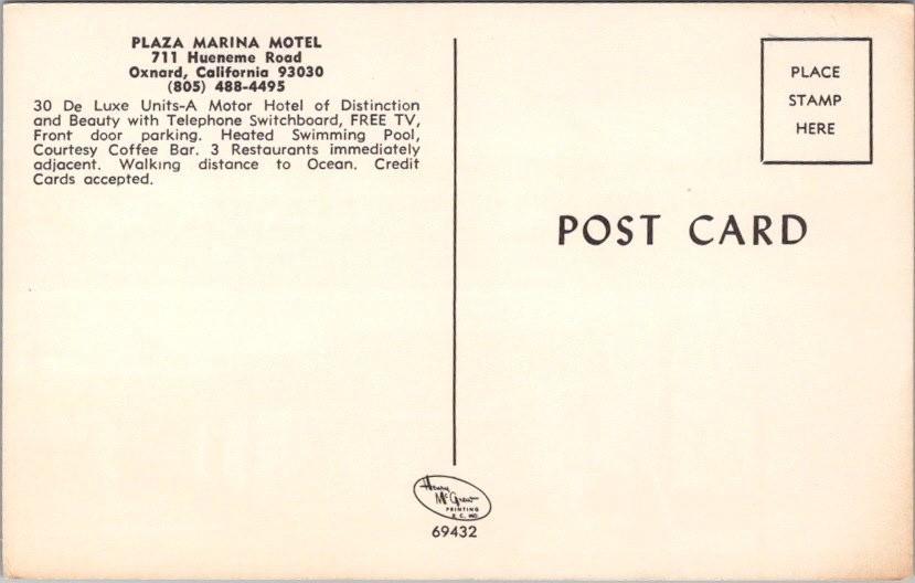 OXNARD, California Postcard "PLAZA MARINA MOTEL" Hueneme Road c1960s ...
