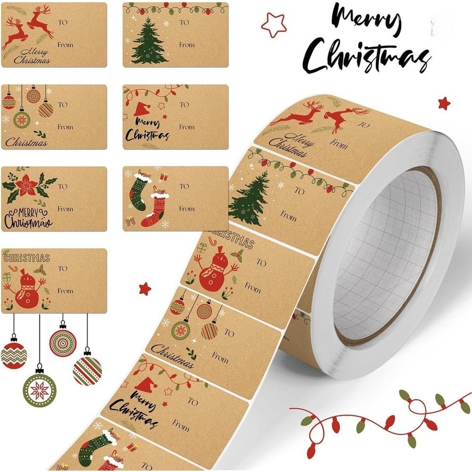 Christmas Name Labels Stickers Self paster Brown Paper Holiday Present ...