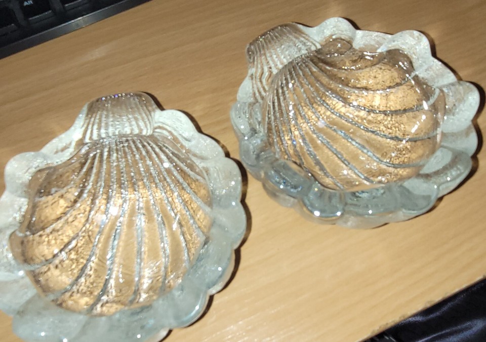 Set of 2 Vintage Clear Sea Shell Glass Condiment Dishes Excellent Shape ...