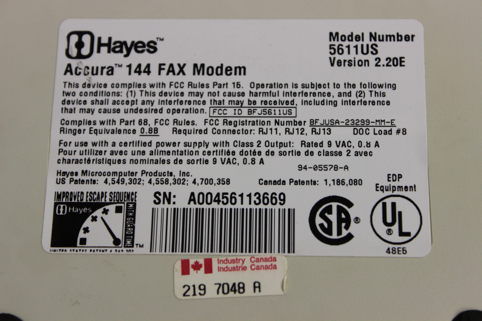 HAYES 5611US ACCURA 144 FAX MODEM EXTERNAL **NO AC ADAPTER** WITH ...