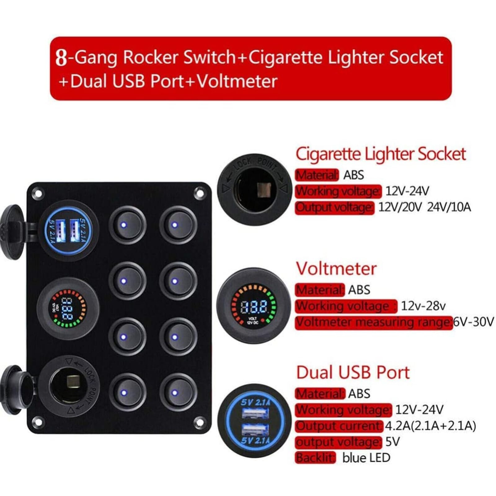 8-Gang 12V Rocker Switch Panel Waterproof w/ USB Charger & Voltmeter ...