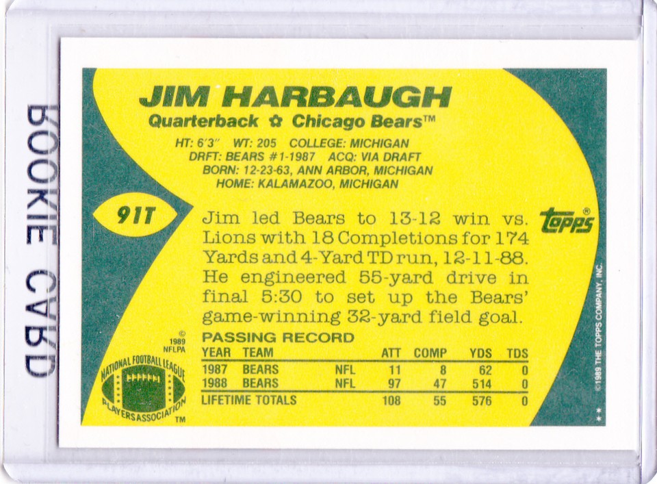 JIM HARBAUGH ROOKIE CARD 1988 Topps Traded NFL Football RC Michigan ...