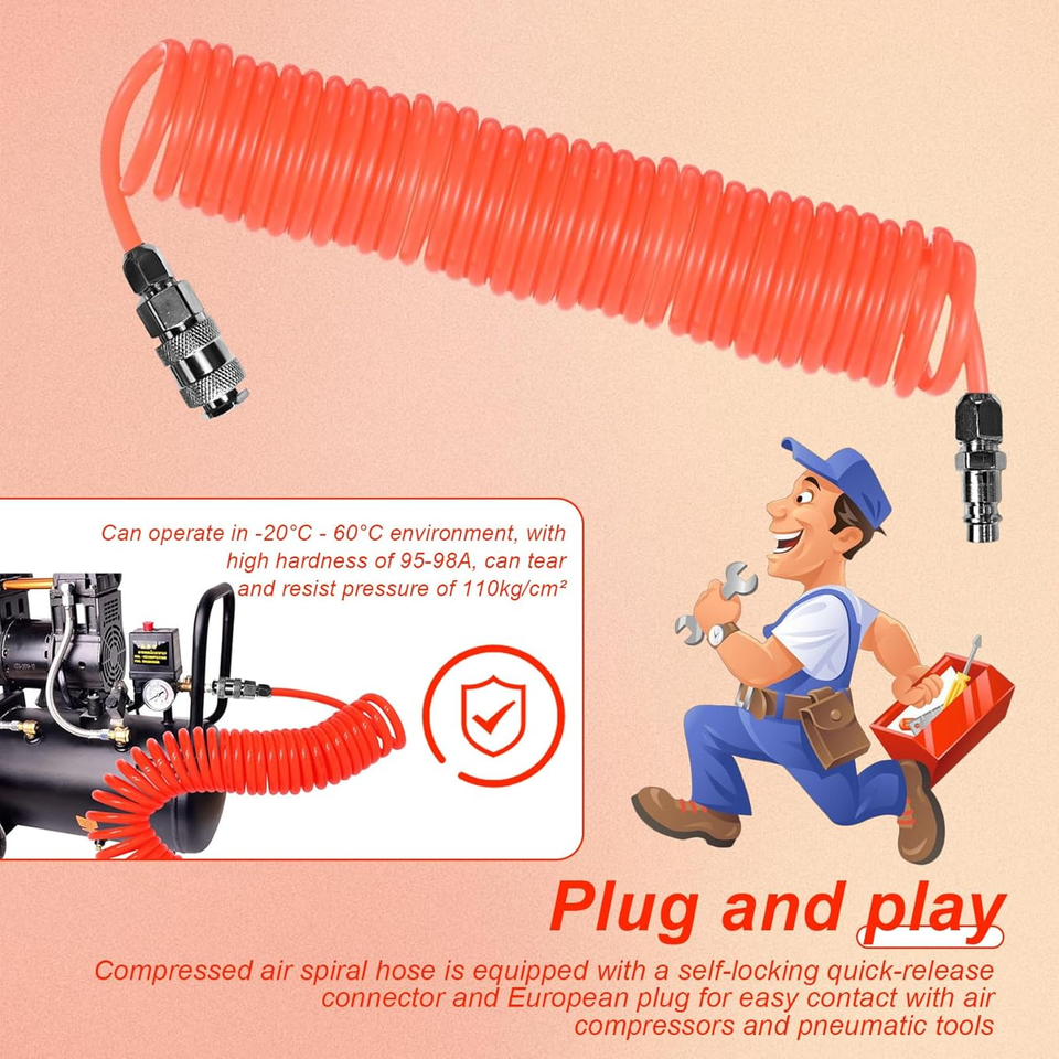 🔥2PCS 6M 1/4" Flexible Compressor Air Line Hose Recoil Coiled Europe ...