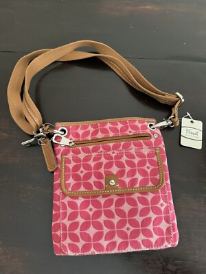Fossil key Pink And Tan Canvas Leather Cross-body Shoulder Bag Purse W ...