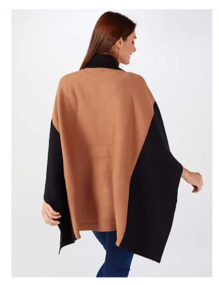 Badgley Mischka Colour Blocked Knitted Poncho With Pocket XL Blush Wine ...