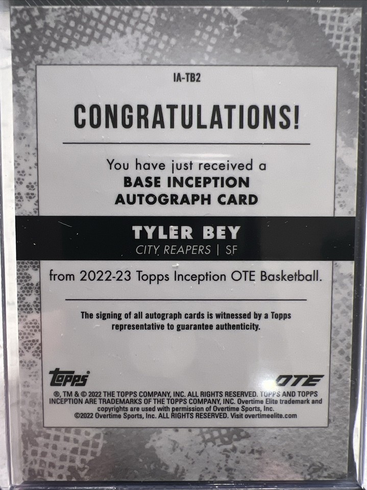 2023 TOPPS INCEPTION OVERTIME CARD TYLER BEY RC AUTO 144/199 OTE City ...