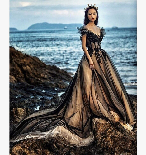 WEDDING PROM Formal Dress GOTHIC VAMPIRE BLACK Tan Lace Tulle CORSET ...