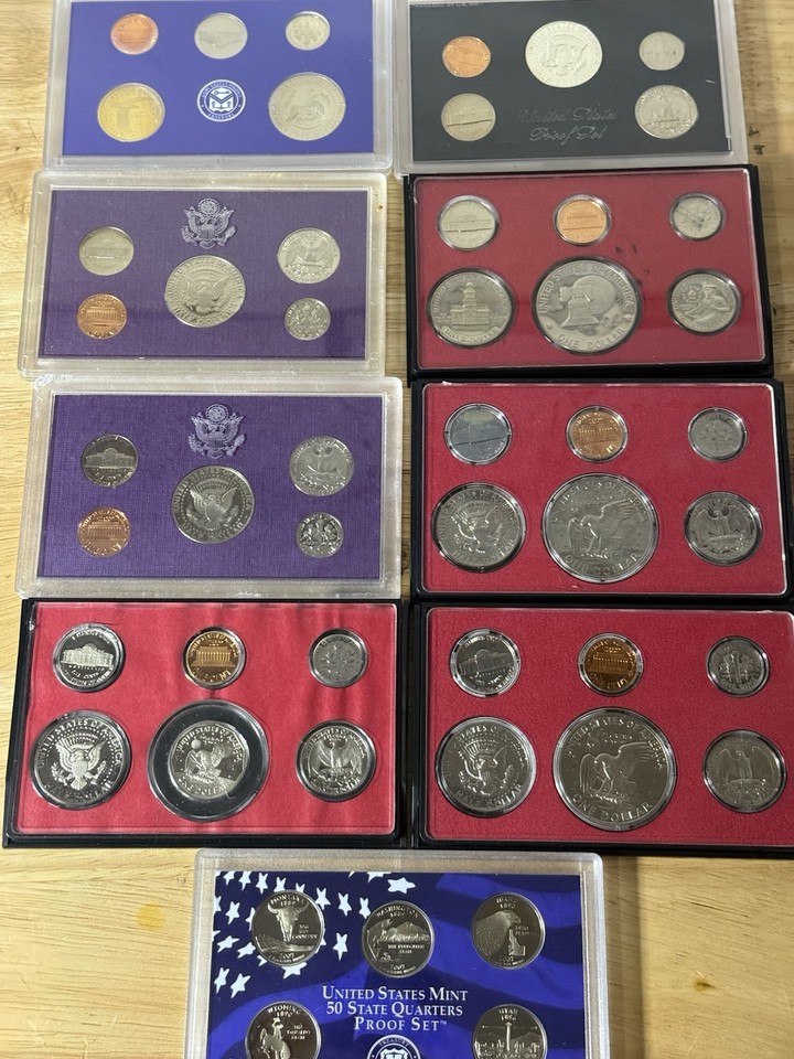 Lot of 12 U.S. Mint Proof Sets + 1972 Eisenhower Silver Dollar Blue Ike ...