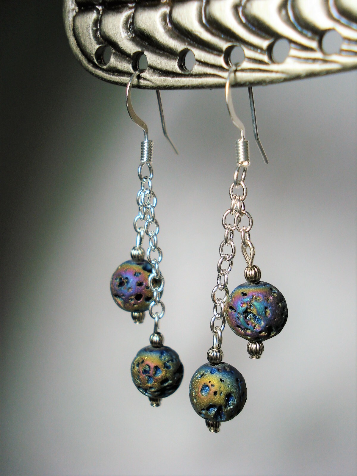 2" Drop Dangle 8mm Lava Sparkle Beads on Swishy Silver Plate Chain ...