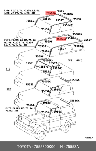 moulding, roof drip side finish, rear right, 7555390K00 for TOYOTA ...