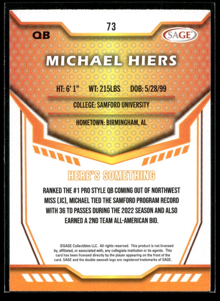 2024 SAGE Low Series Michael Hiers SILVER PARALLEL SP Samford Bulldogs ...