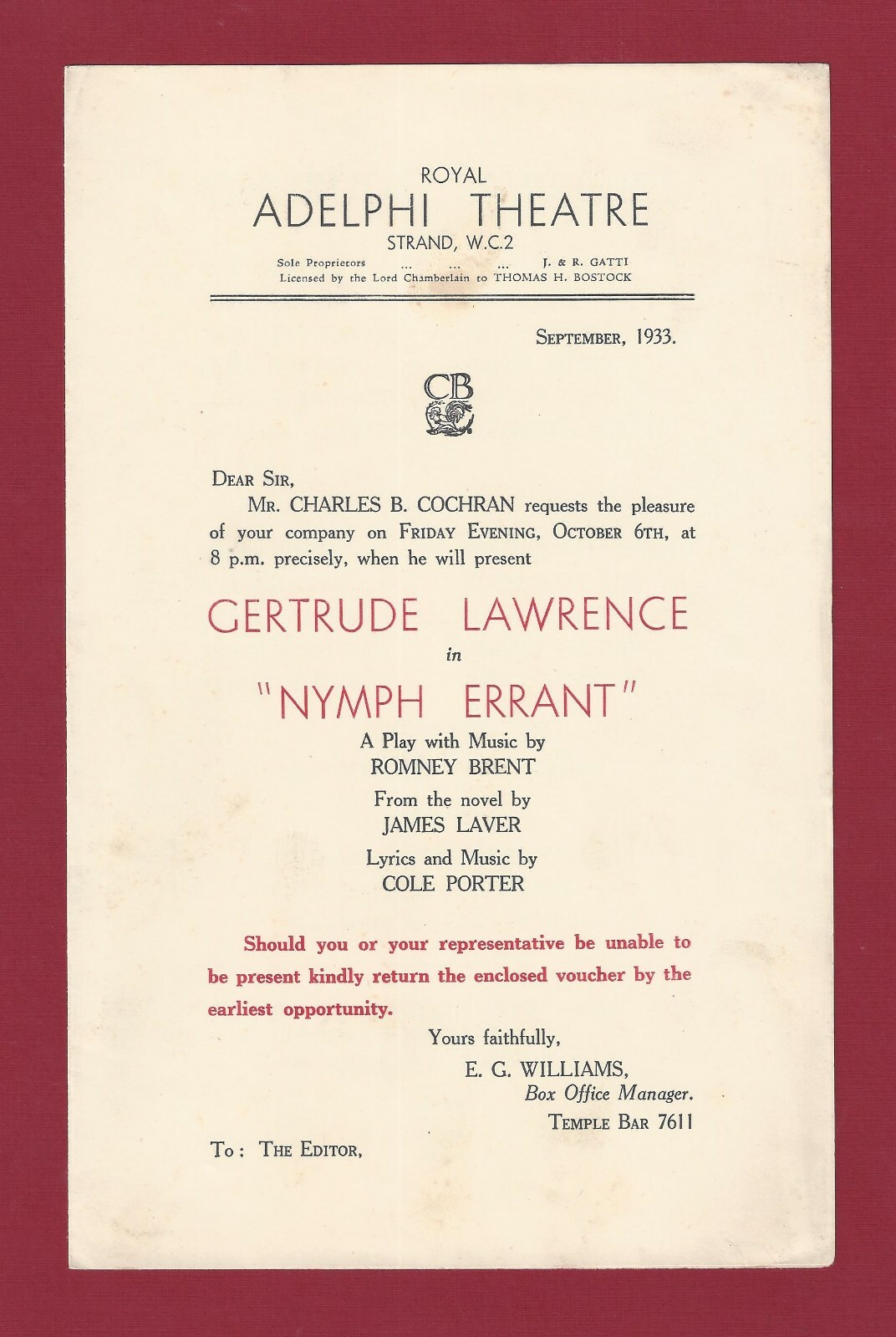 Gertrude Lawrence "NYMPH ERRANT" Cole Porter 1933 London Opening Night ...