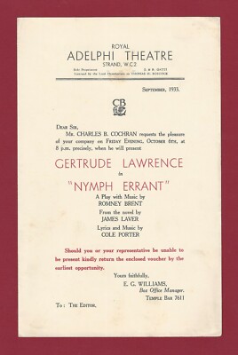 Gertrude Lawrence "NYMPH ERRANT" Cole Porter 1933 London Opening Night ...