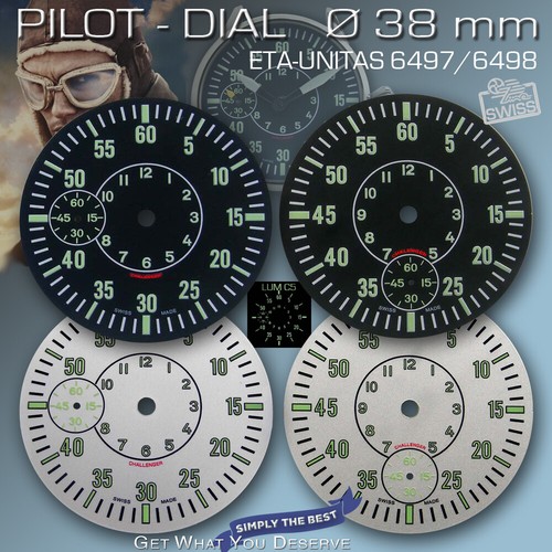 DIAL PILOT Ø 38 MM, FOR MOVEMENT ETA UNITAS 6497/98, BLACK OR SILVER | eBay