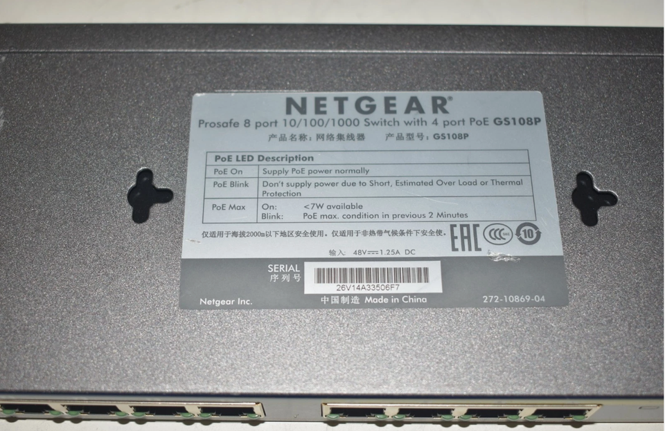 NETGEAR PROSAFE GS108P 8 PORT GIGABIT UNMANAGED SWITCH 4 PORTS POE 53W ...