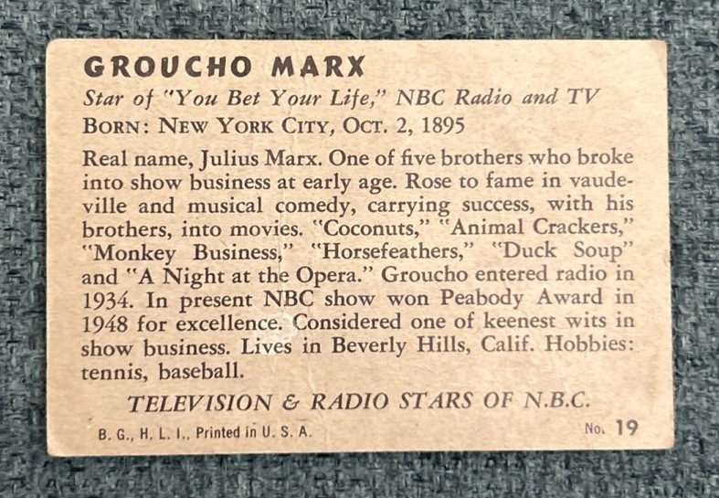 1952 Bowman NBC TV & Radio Stars #19 Groucho Marx. | eBay