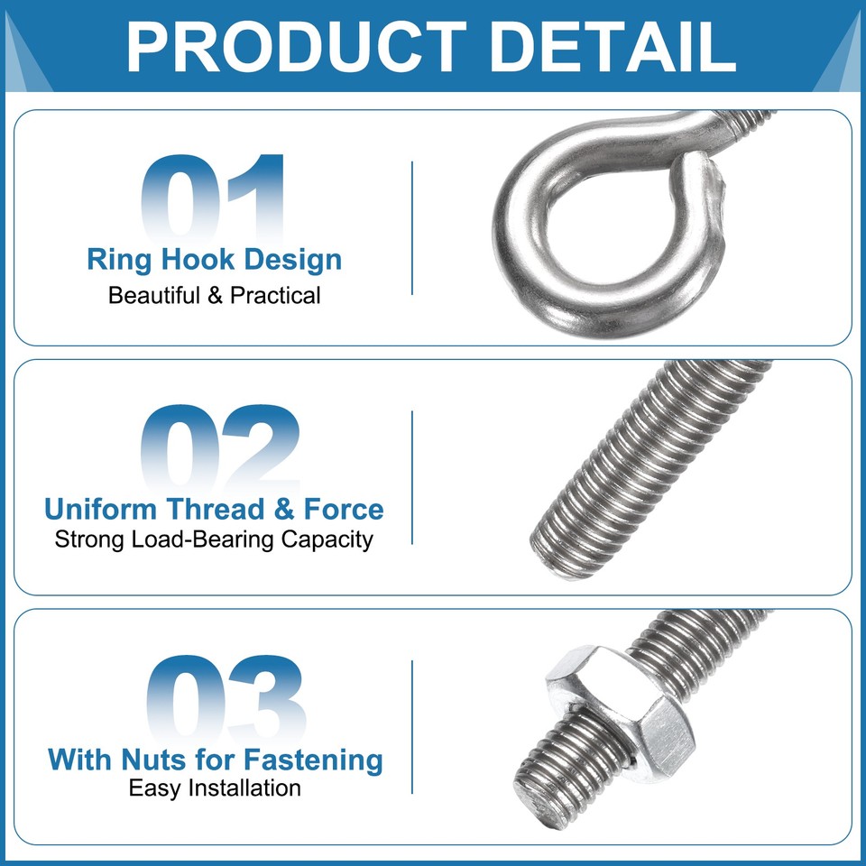 10 Pack Eye Bolts, M4 x 15mm Threaded EyeBolt Silver Eye Hooks with Nut ...