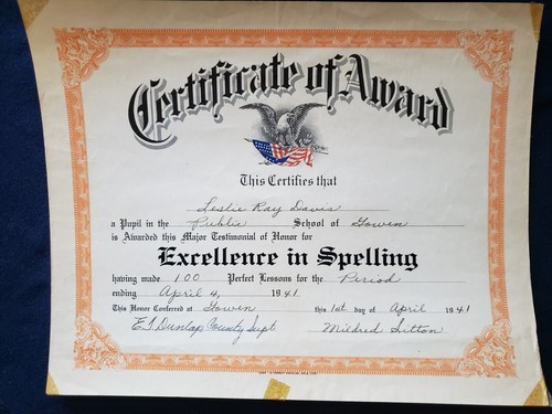 Certificate of Award School Gowen Oklahoma OK 1941 | eBay