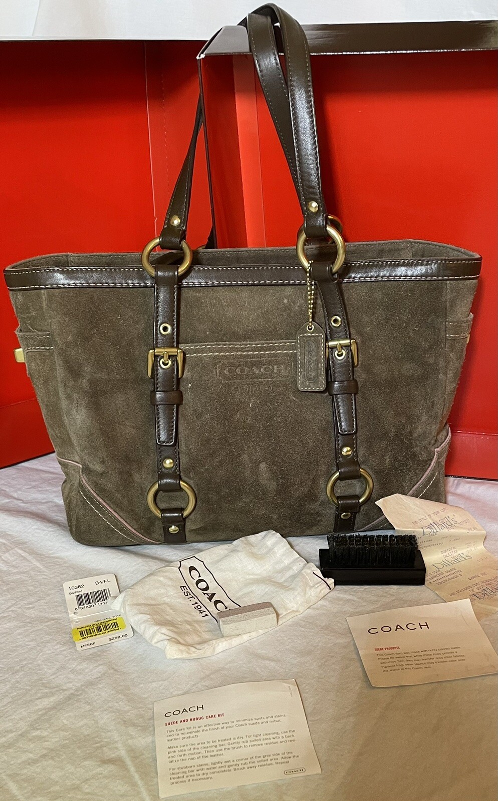 Coach Hampton Brown Suede Shoulder Handbag With Pale … - Gem