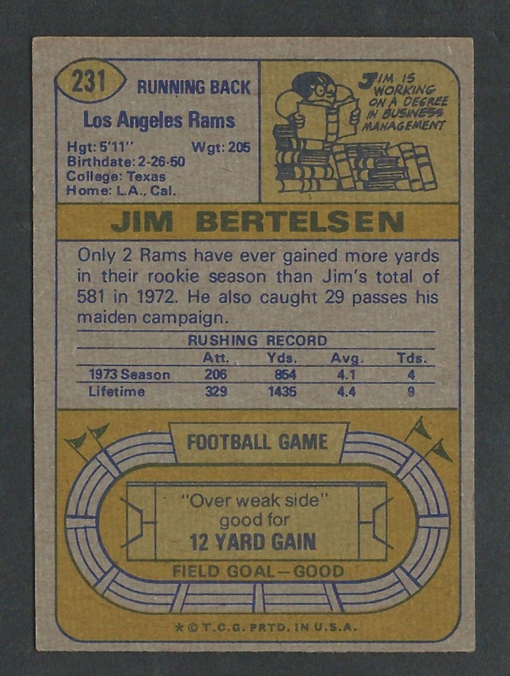1974 Topps #231 JIM BERTELSEN Los Angeles Rams ROOKIE CARD - TEXAS ...