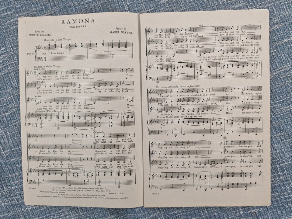 Ramona by Mabel Wayne SSA 3 Part Womens Voices & Piano Arr by Hugo Frey ...