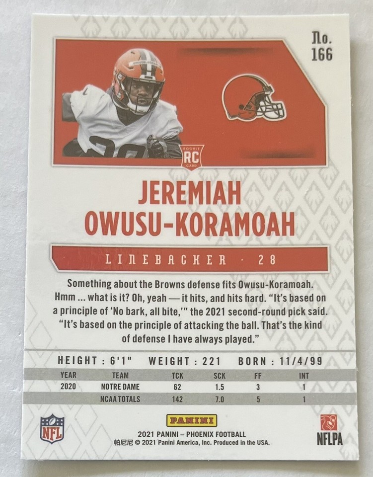 2021 Panini Phoenix Jeremiah Owusu-Koramoah Rookie Fire Burst Card RC ...