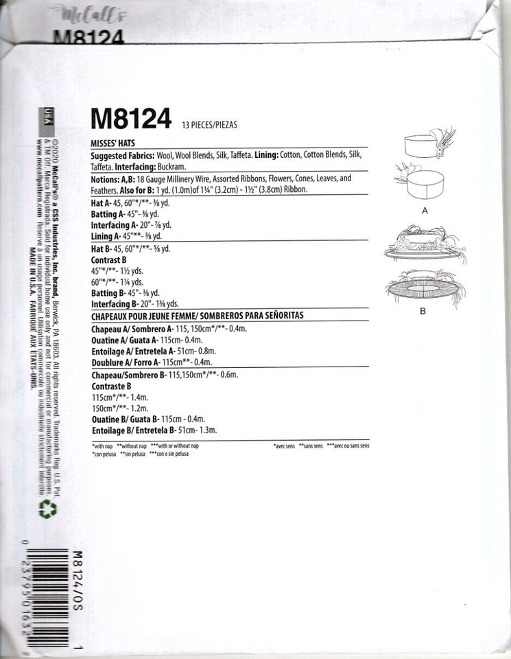 McCall's M8124 Misses Angela Clayton One Size Hats Uncut Sewing Pattern ...