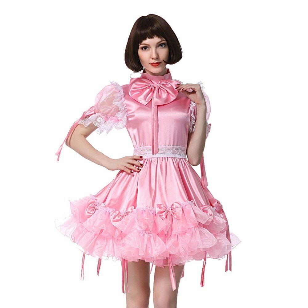 French maid Sissy girl lockable Pink Satin dress Cosplay Costume Tailor ...