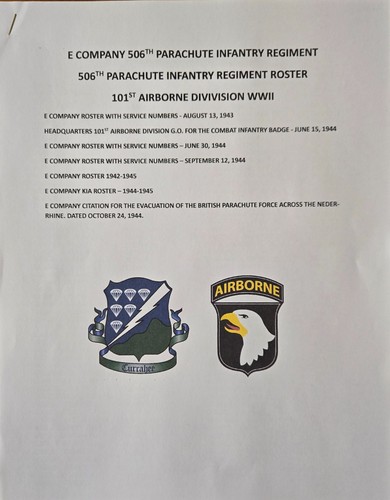 WWII E Company, 506th 101st Airborne Division MISC. Rosters, GO, KIA ...