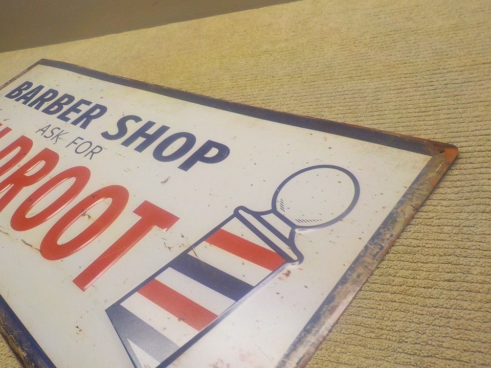 ASK FOR WILDROOT Embossed Tin Sign 30"x11 3/4" Barber Shop | eBay